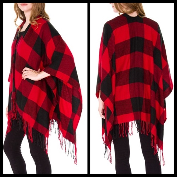 Sweaters | Boho Buffalo Plaid Wrap Ruana Poncho Red Black | Poshmark